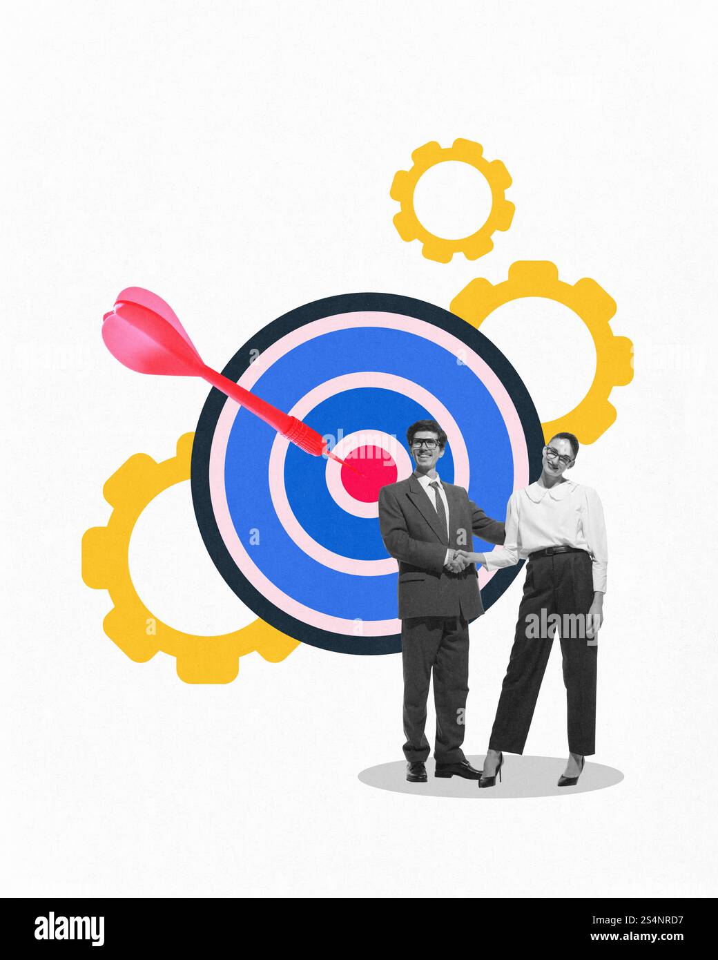 Partners shaking hands with large target and yellow gears in background ...