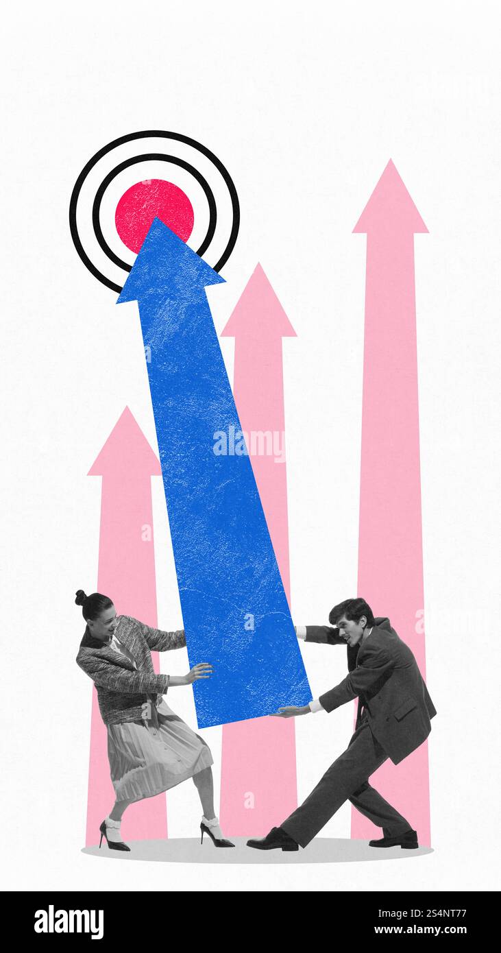 Colleagues pushing oversized blue arrow towards red bullseye, with pink ...