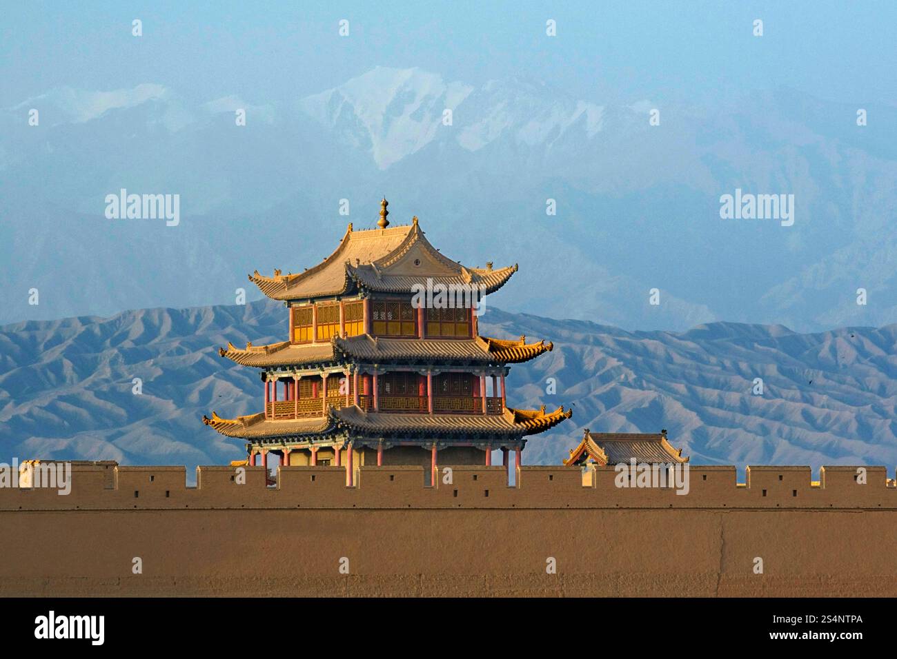 The fortress in Jiayuguan, at the western end of The Great Wall. Gansu ...