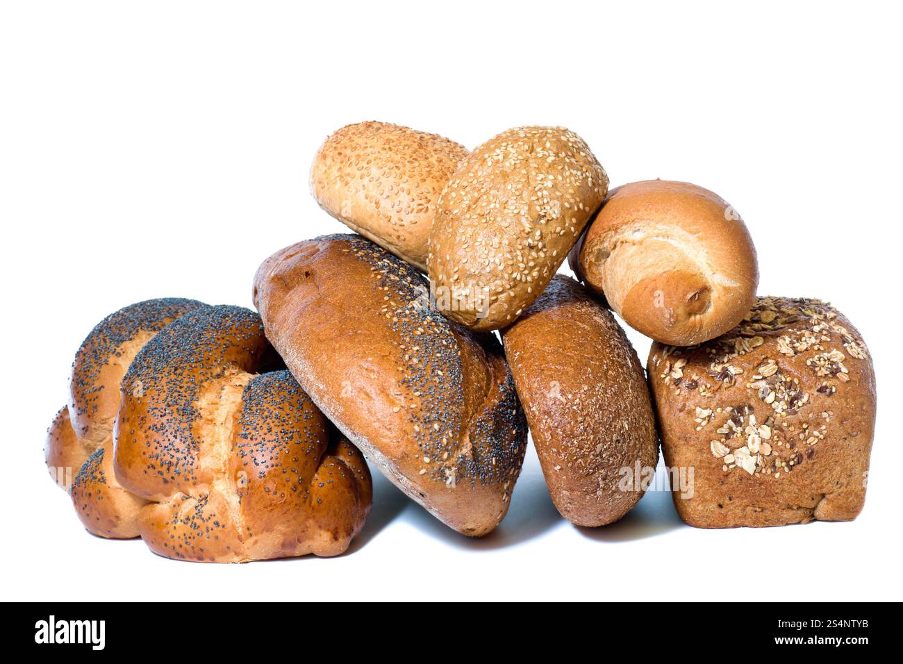 white twist long loaf, wheat breads and small roll pikelets isolated on ...