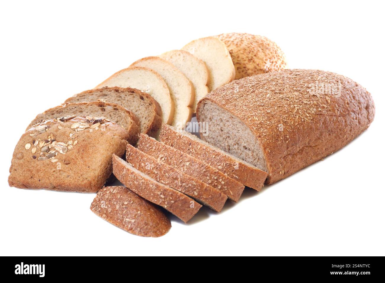 loaf and slices of whole rye bread, white long loaf, isolated on white ...
