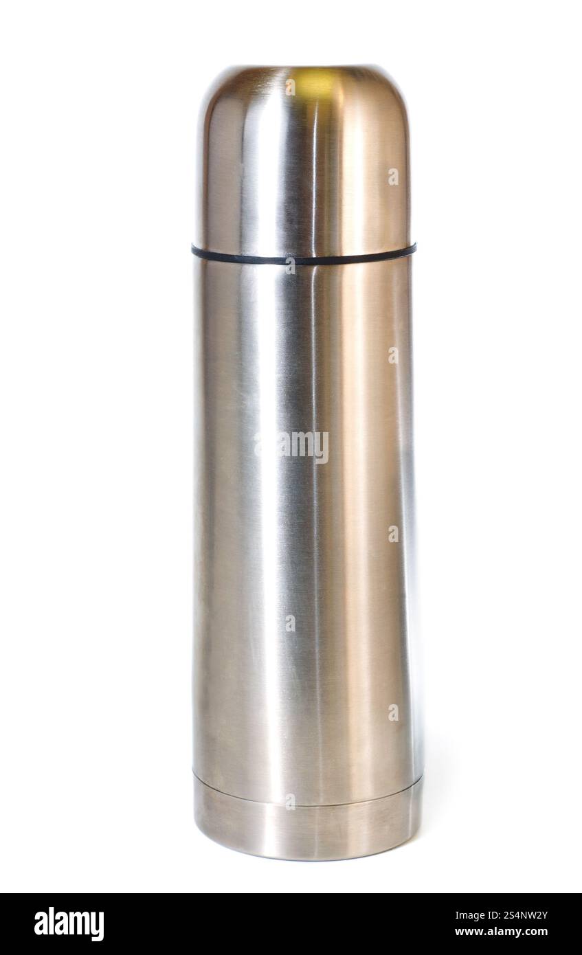 Single metallic thermos isolated on white background Stock Photo - Alamy