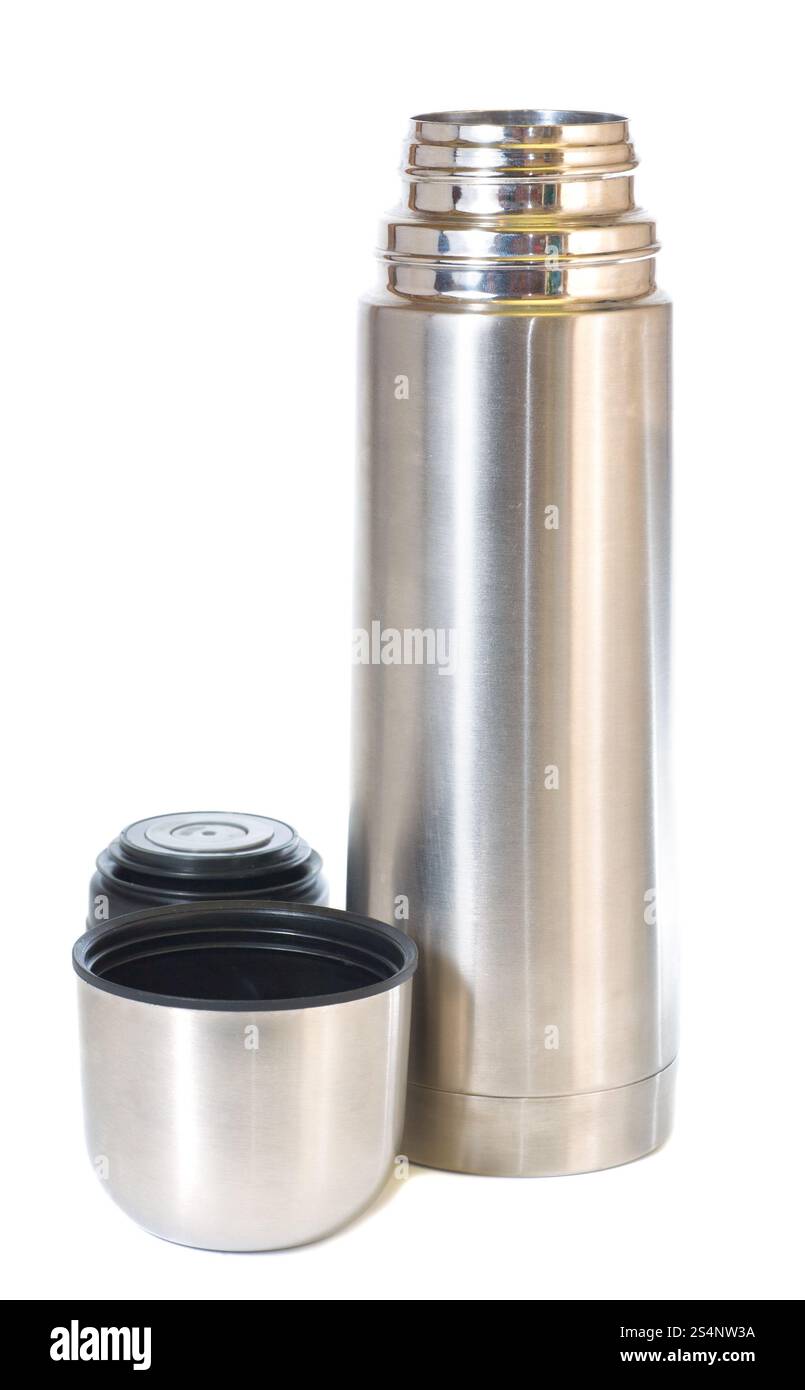 Single metallic thermos isolated on white background Stock Photo - Alamy