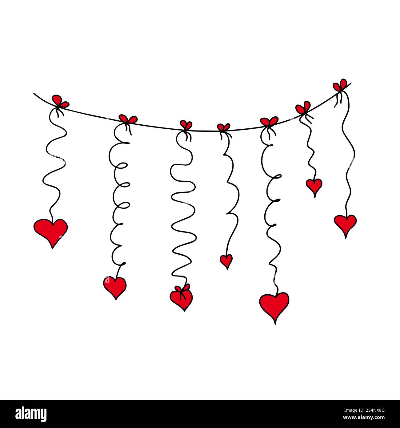 Tangled scribbled hearts hanging on a string, hand drawn with thin line ...