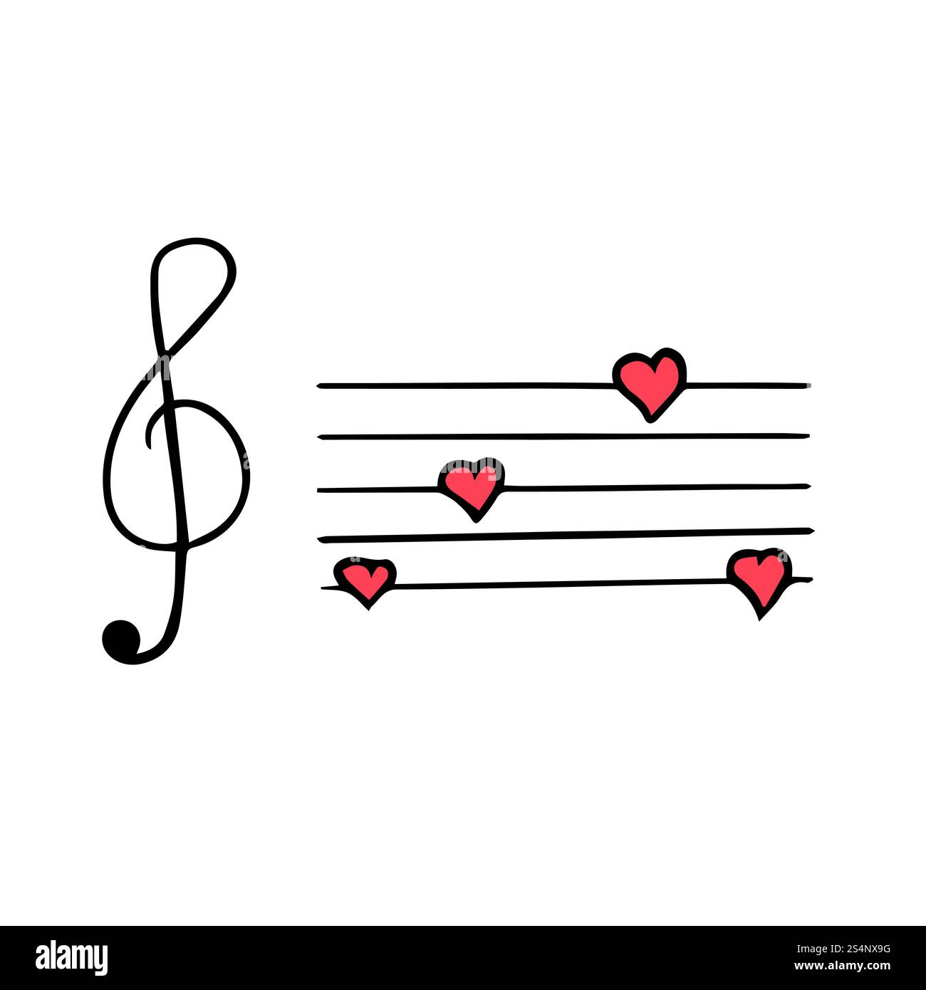 Treble clef with love hearts one line drawning. Love melody, sweet song ...