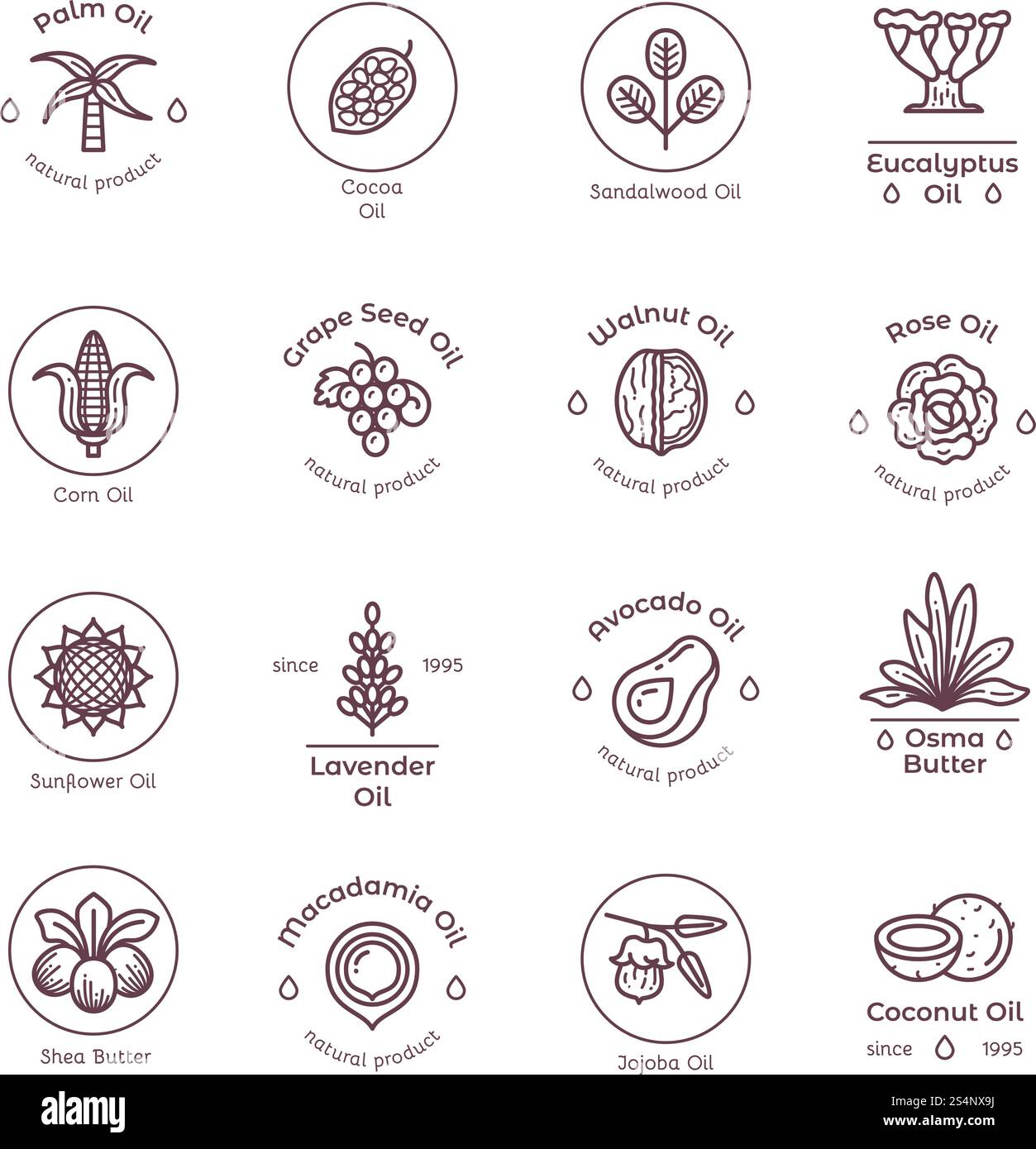 Healthy organic flower cosmetics oil linear vector labels and logos ...