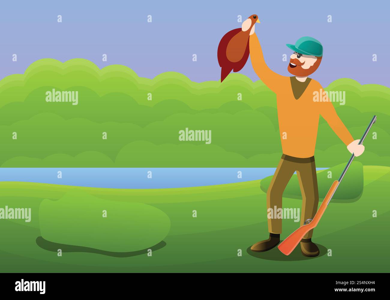 Happy hunter shooting duck concept banner. Cartoon illustration of ...