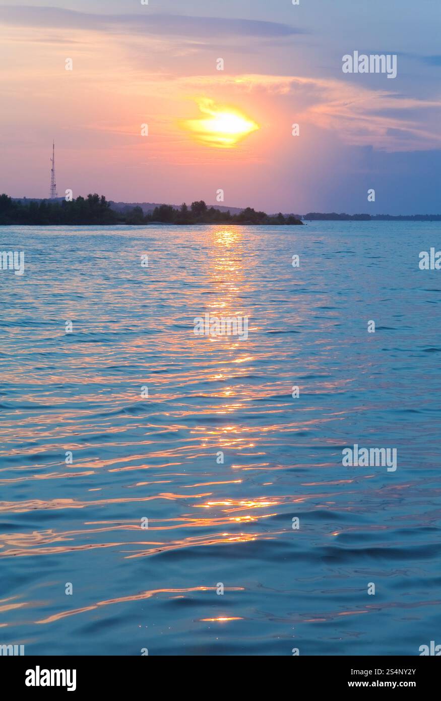 River sunset view with sunlight path on water surface(Dnieper, Ukraine ...
