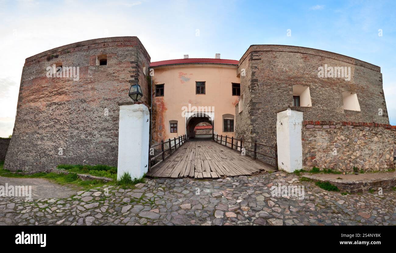 View of bridge gate over the moat to old Zolochiv castle (Ukraine, Lviv ...