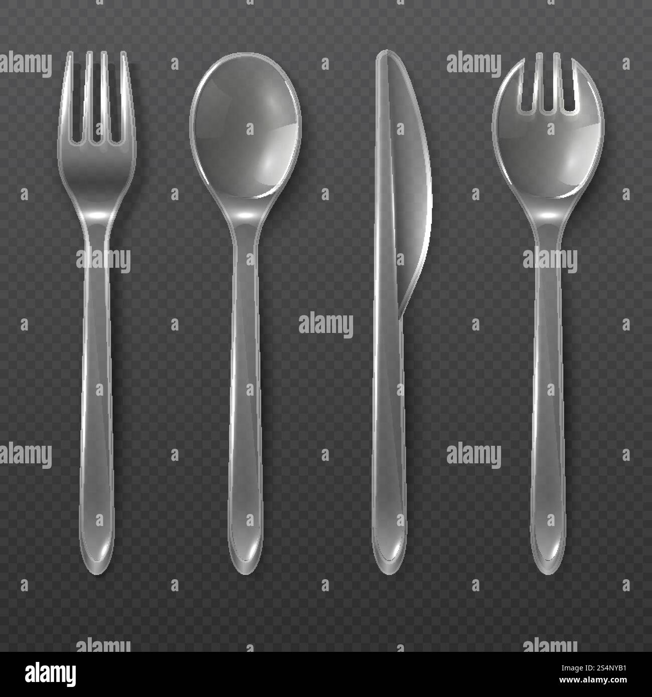 Realistic transparent plastic cutlery. Spoon, fork and knife isolated ...