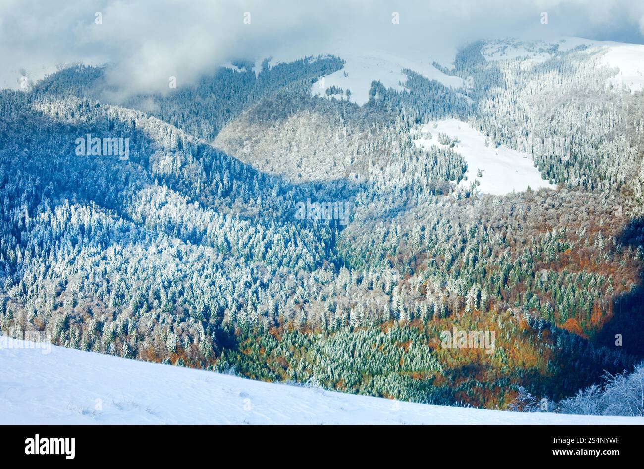 October mountain view with first winter snow and last autumn colorful ...