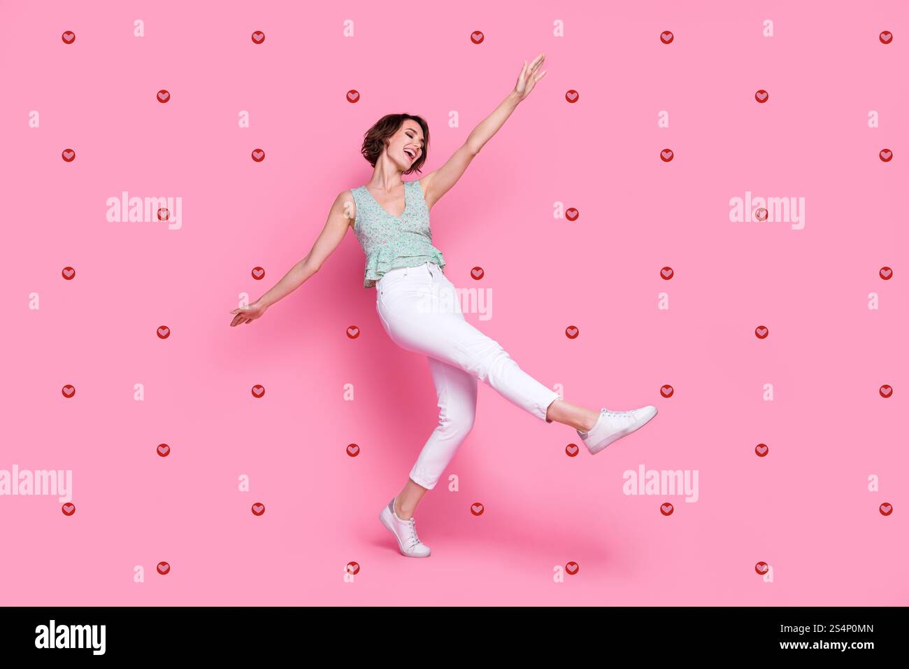 Full body photo of overjoyed cheerful lady have good mood dancing ...