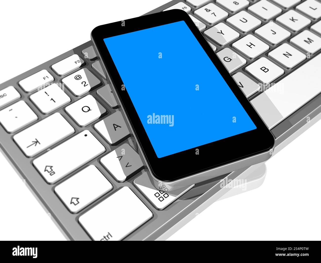 3D render of mobile phone on a computer keyboard. mobile phone on a ...