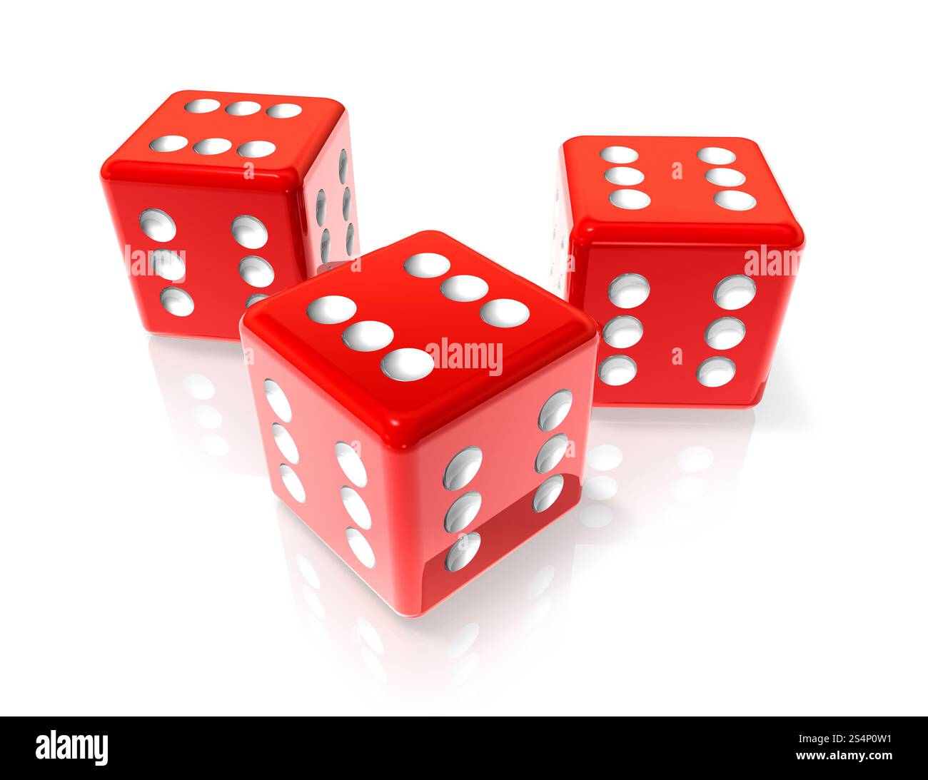 three 3D red dices with six on all sides. Win concept. Six red dices ...