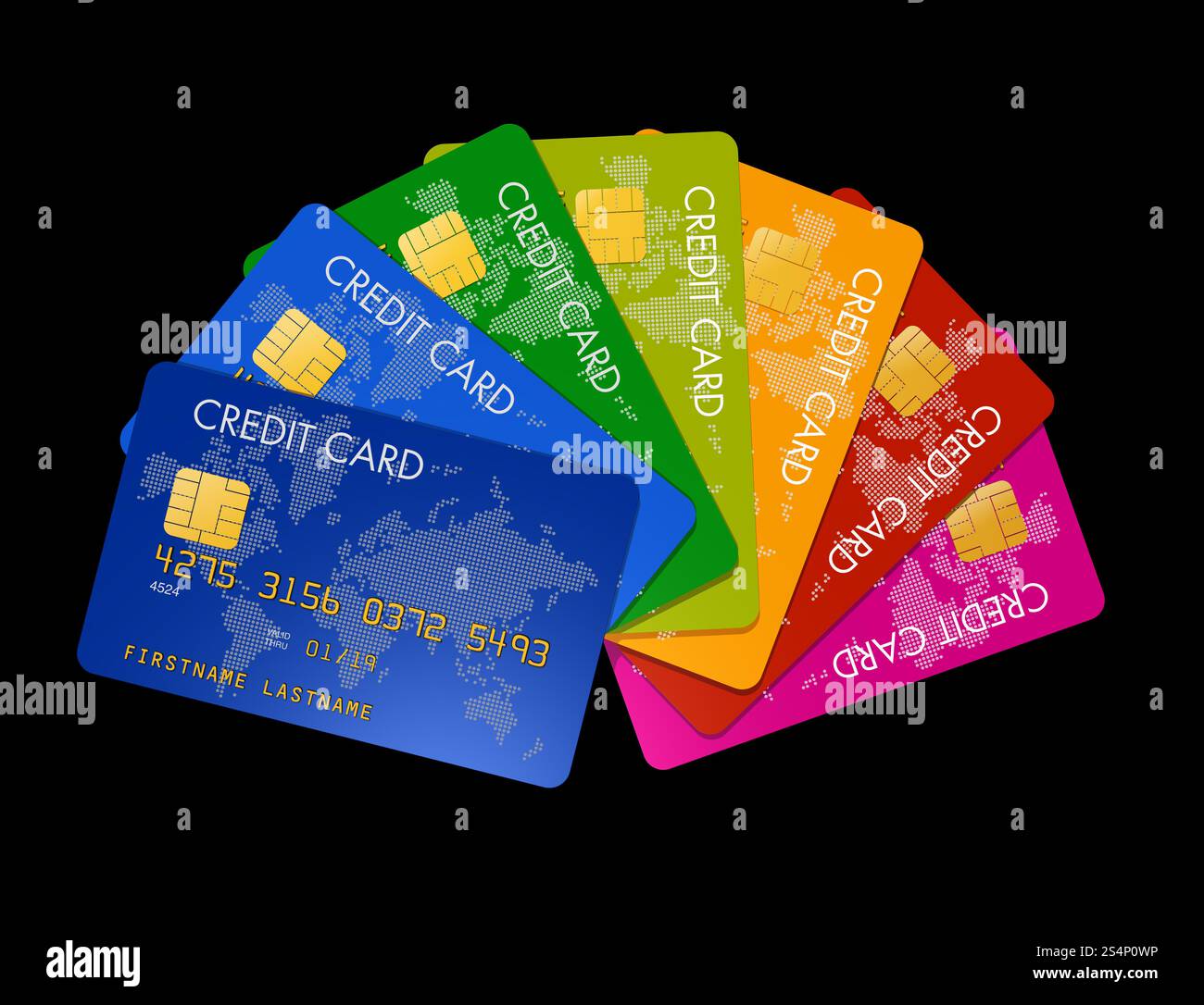 credit cards group making a color swatch, isolated on black. Colored ...