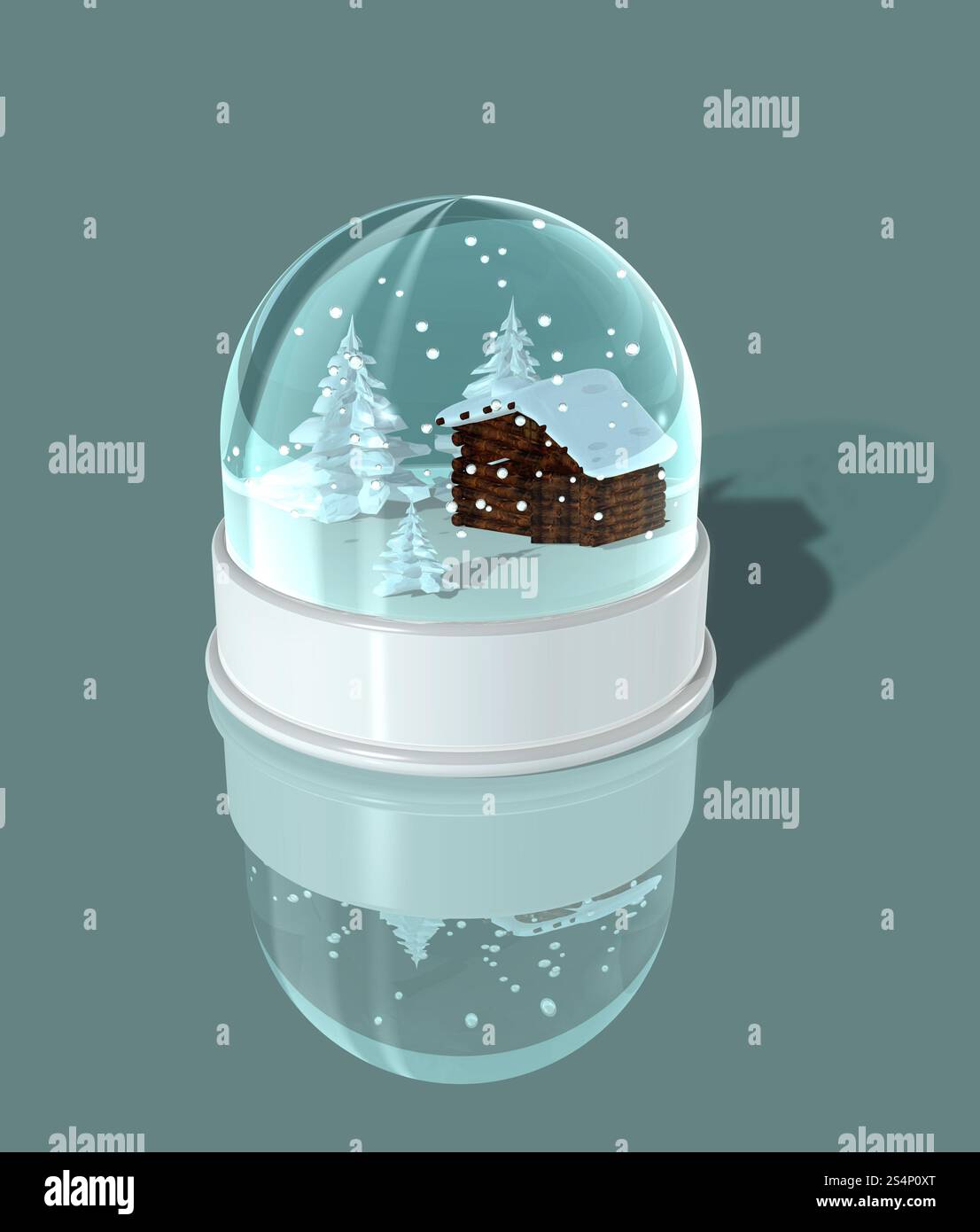 three dimensional illustration of a snow globe with a shack and firs ...