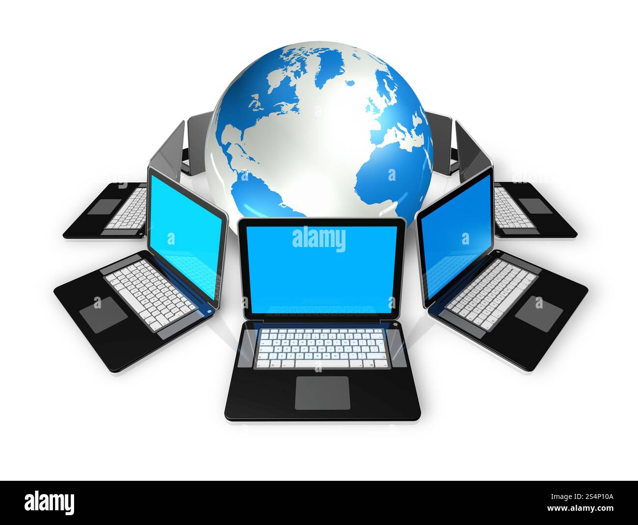 3D laptop computers around a world globe isolated on white. Laptop ...