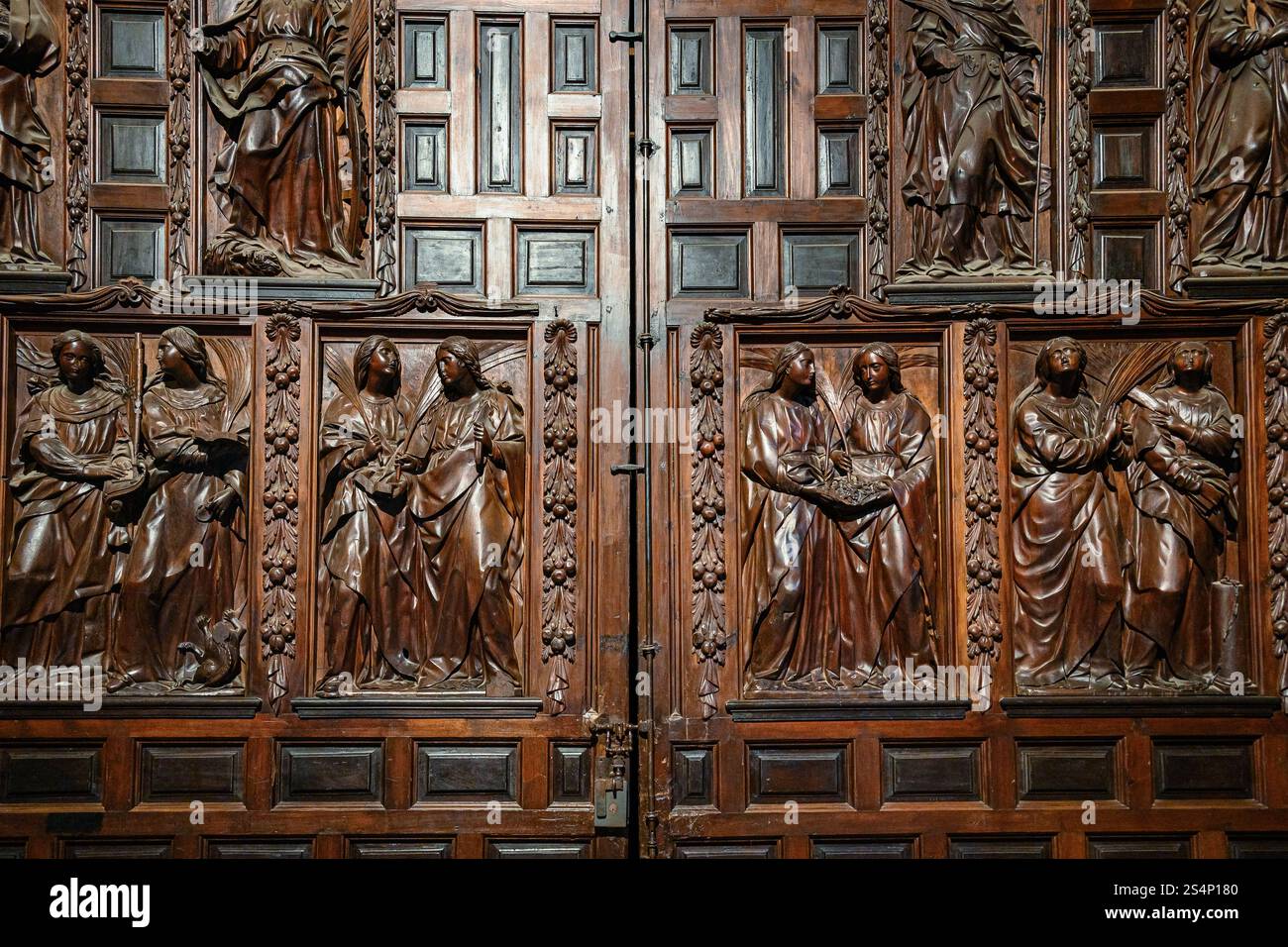 Wood relief carving adorning the door of an antique piece of furniture ...