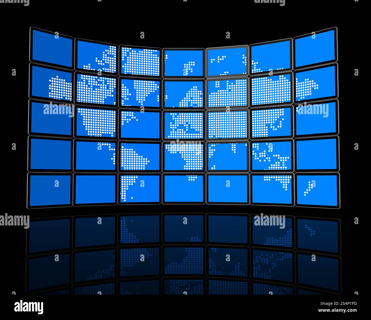 3D video wall of flat tv screens with world map, isolated on black ...