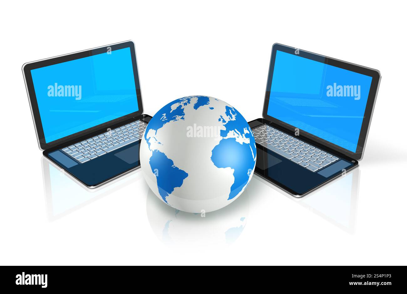 two 3D laptop computers around a world globe isolated on white. two ...