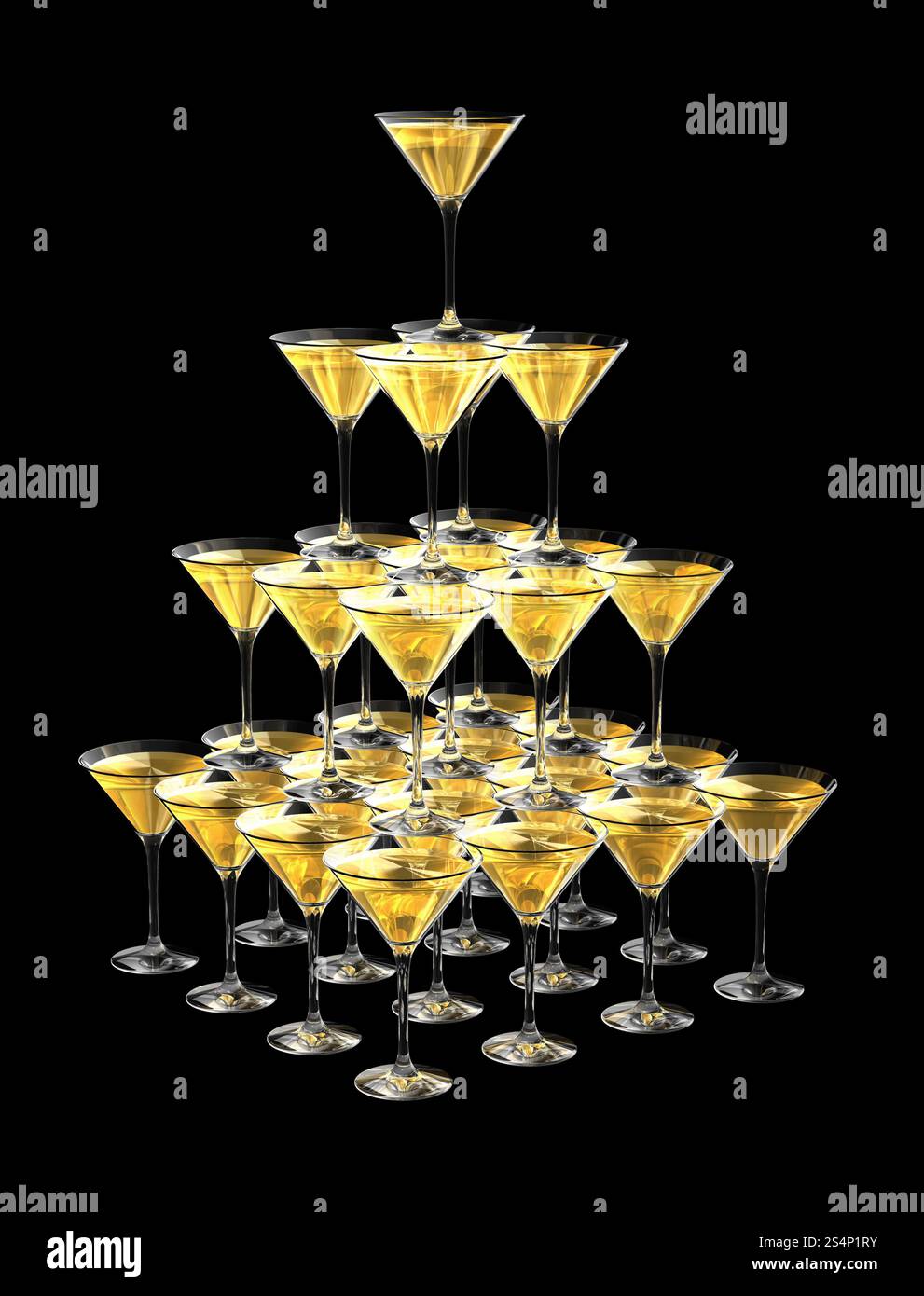 3D pyramid of champagne glasses isolated on black background. three ...