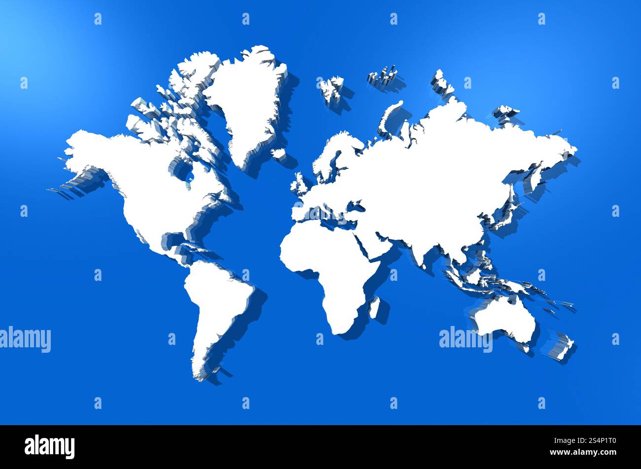 three dimensional white world map isolated on blue background. world ...