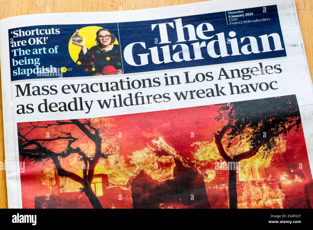 9 January 2025. Headline in Guardian is Mass evacuations in Los Angeles ...