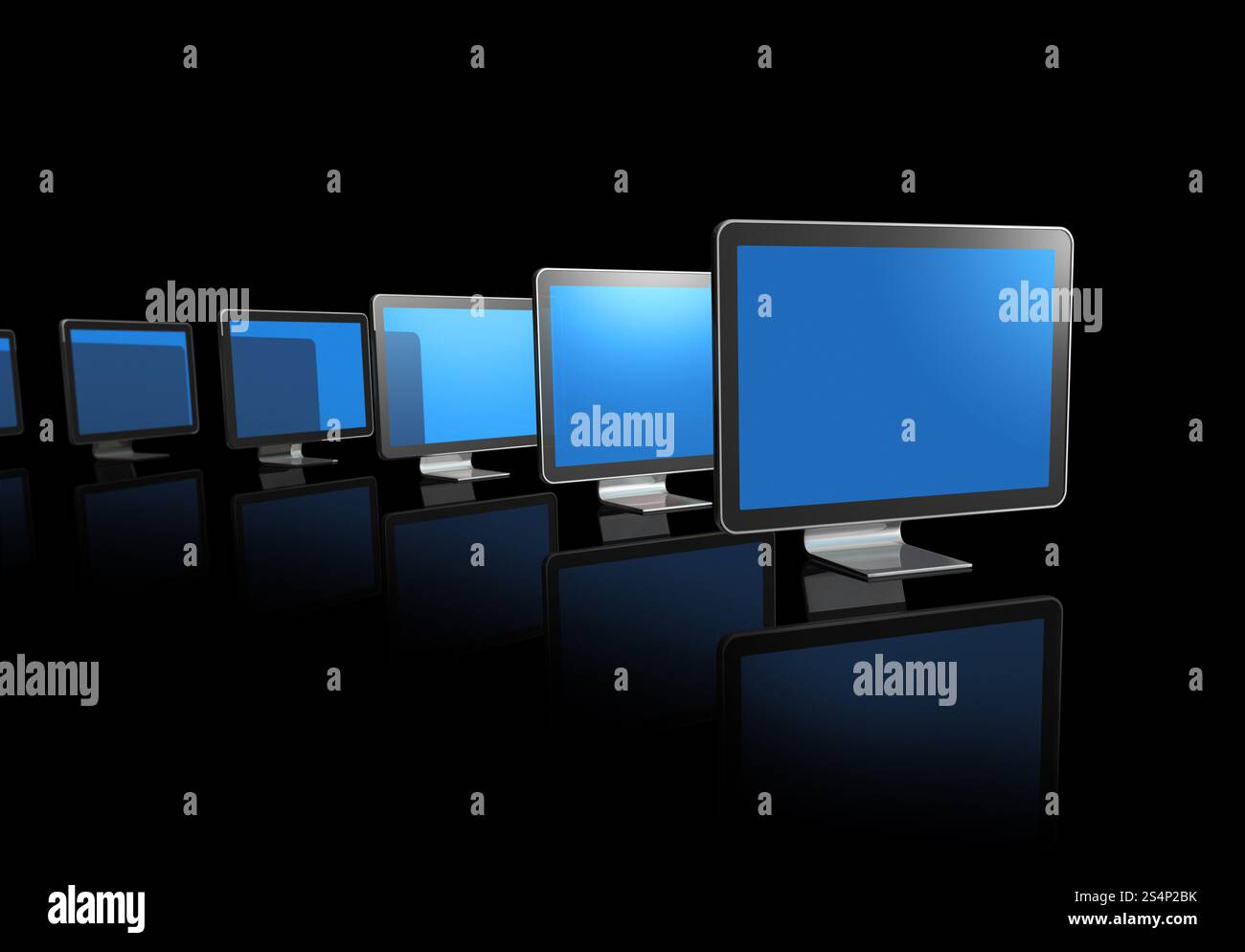 many 3D television, computer screens isolated on black. 3D television ...