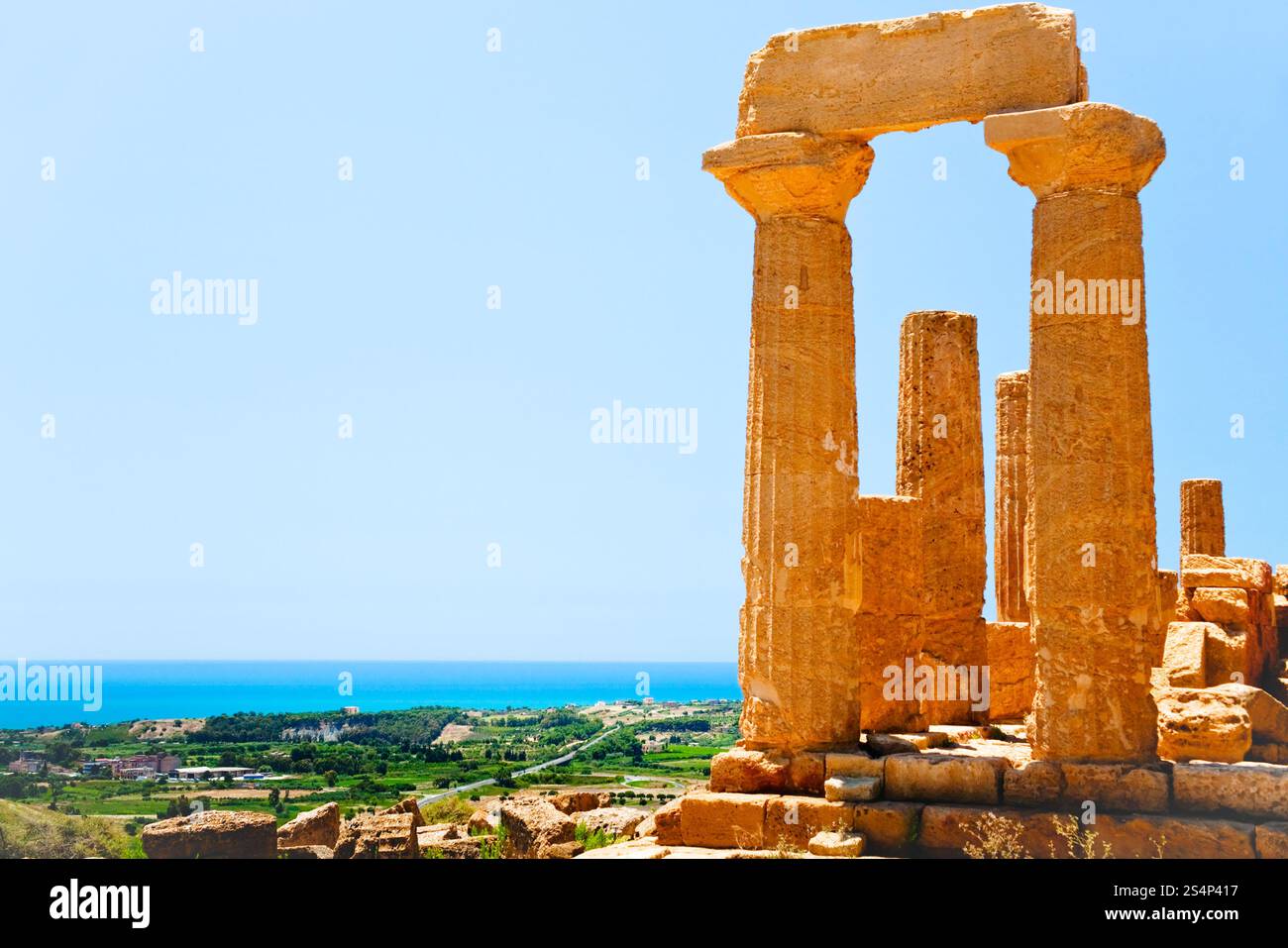view on Dorian columns of Temple of Juno and sea coast in Valley of the ...