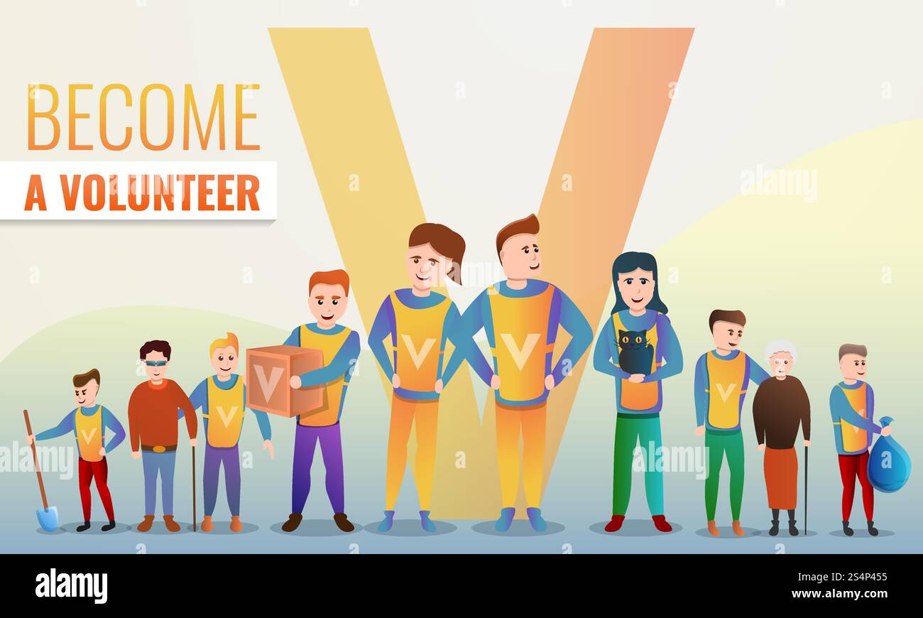 Helping volunteering concept banner. Cartoon illustration of helping ...