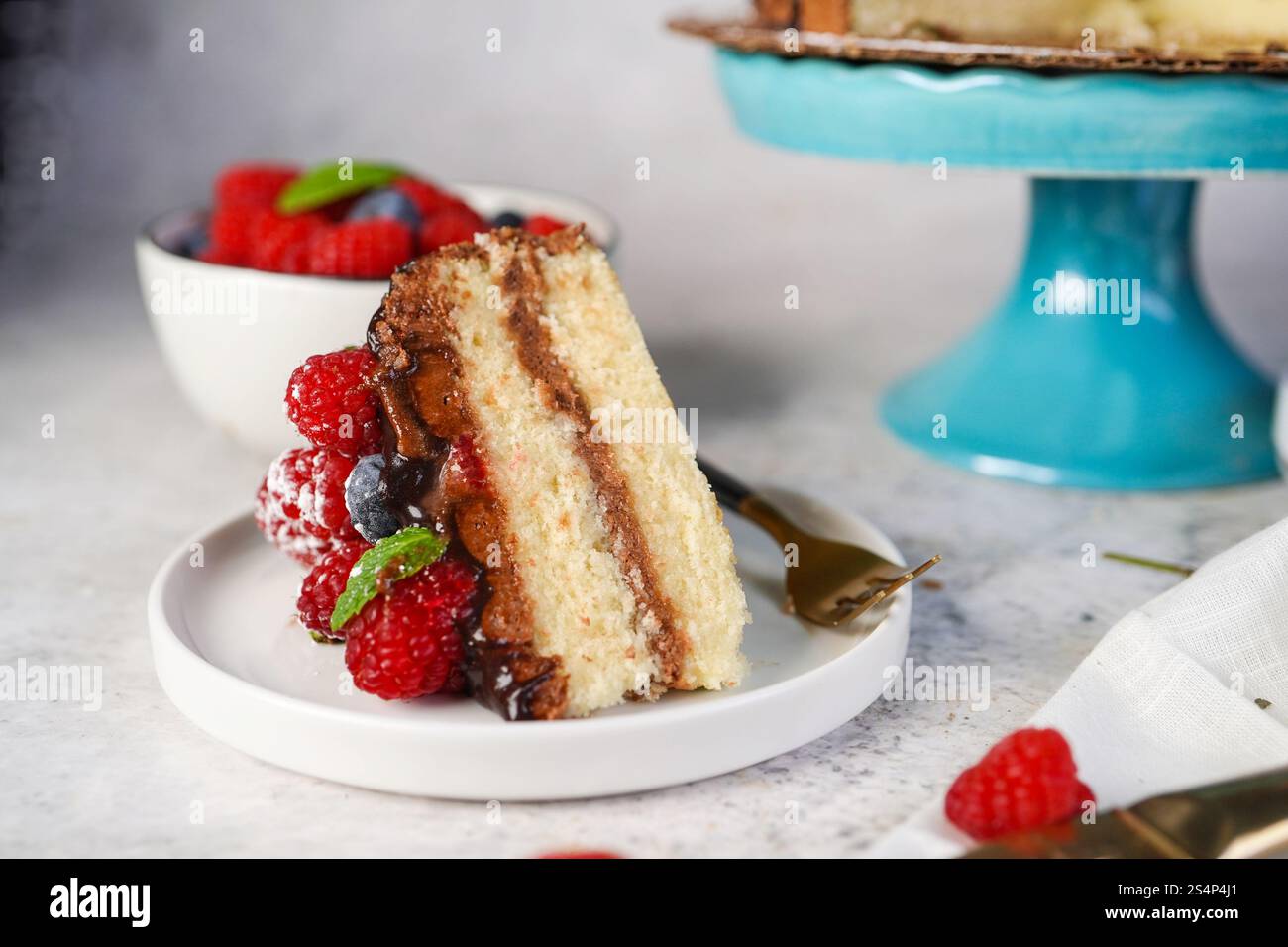 Homemade vanilla layered sponge cake with chocolate buttercream ...