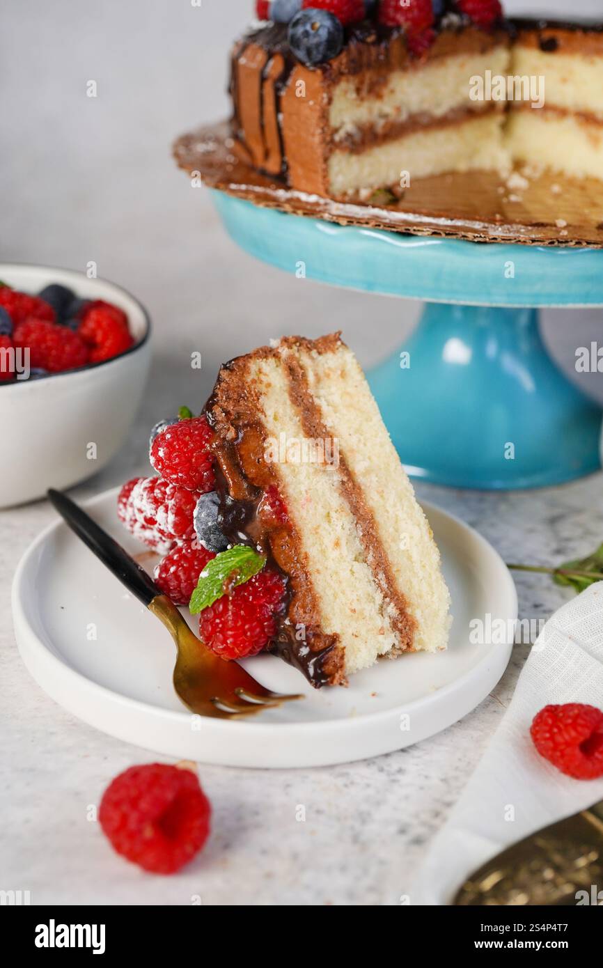 Homemade vanilla layered sponge cake with chocolate buttercream ...
