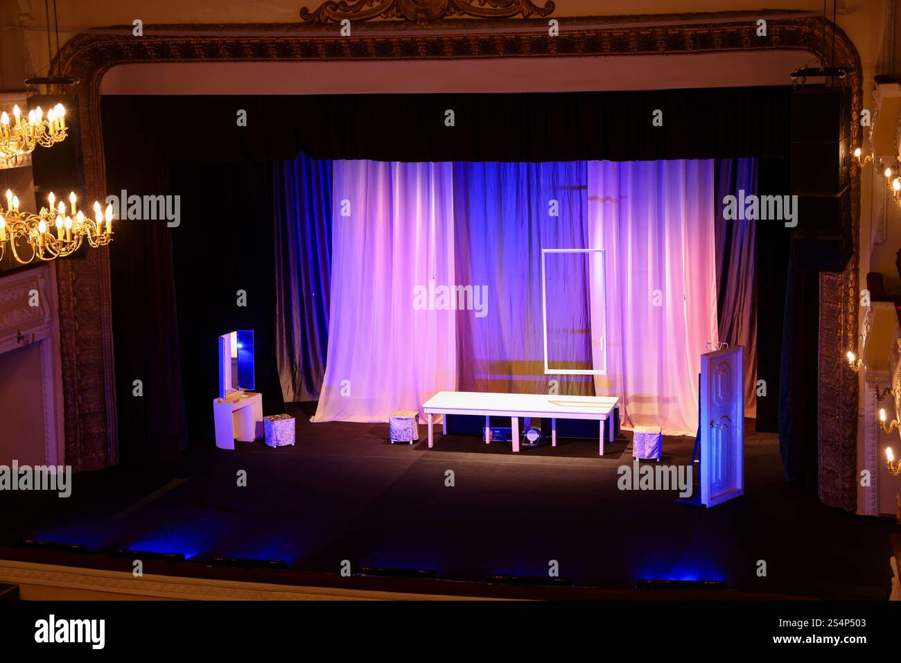 Different furniture and other decorations on stage in theatre Stock ...