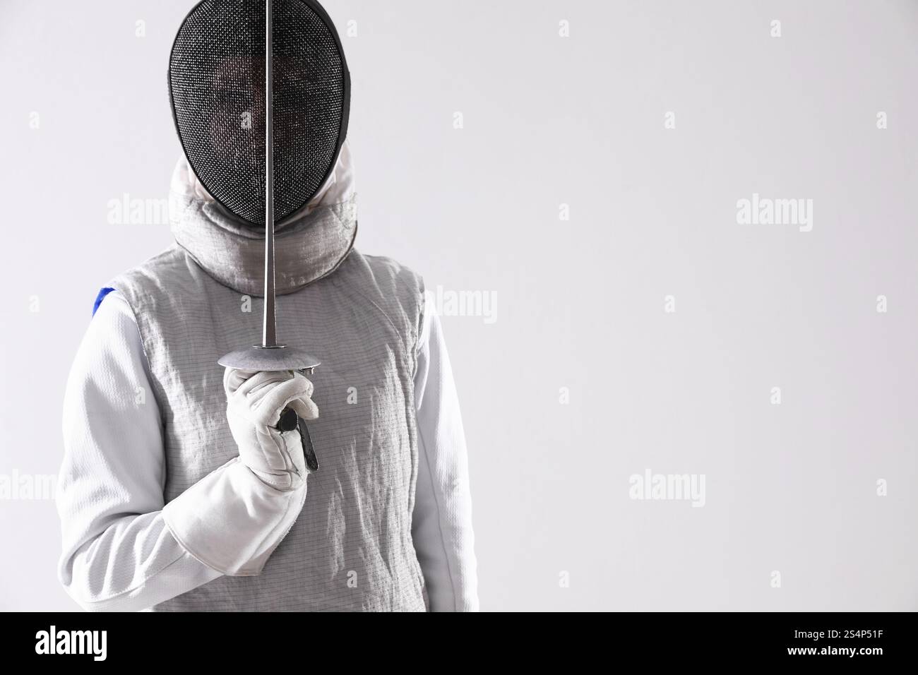 Fencer with epee on white background, space for text Stock Photo - Alamy