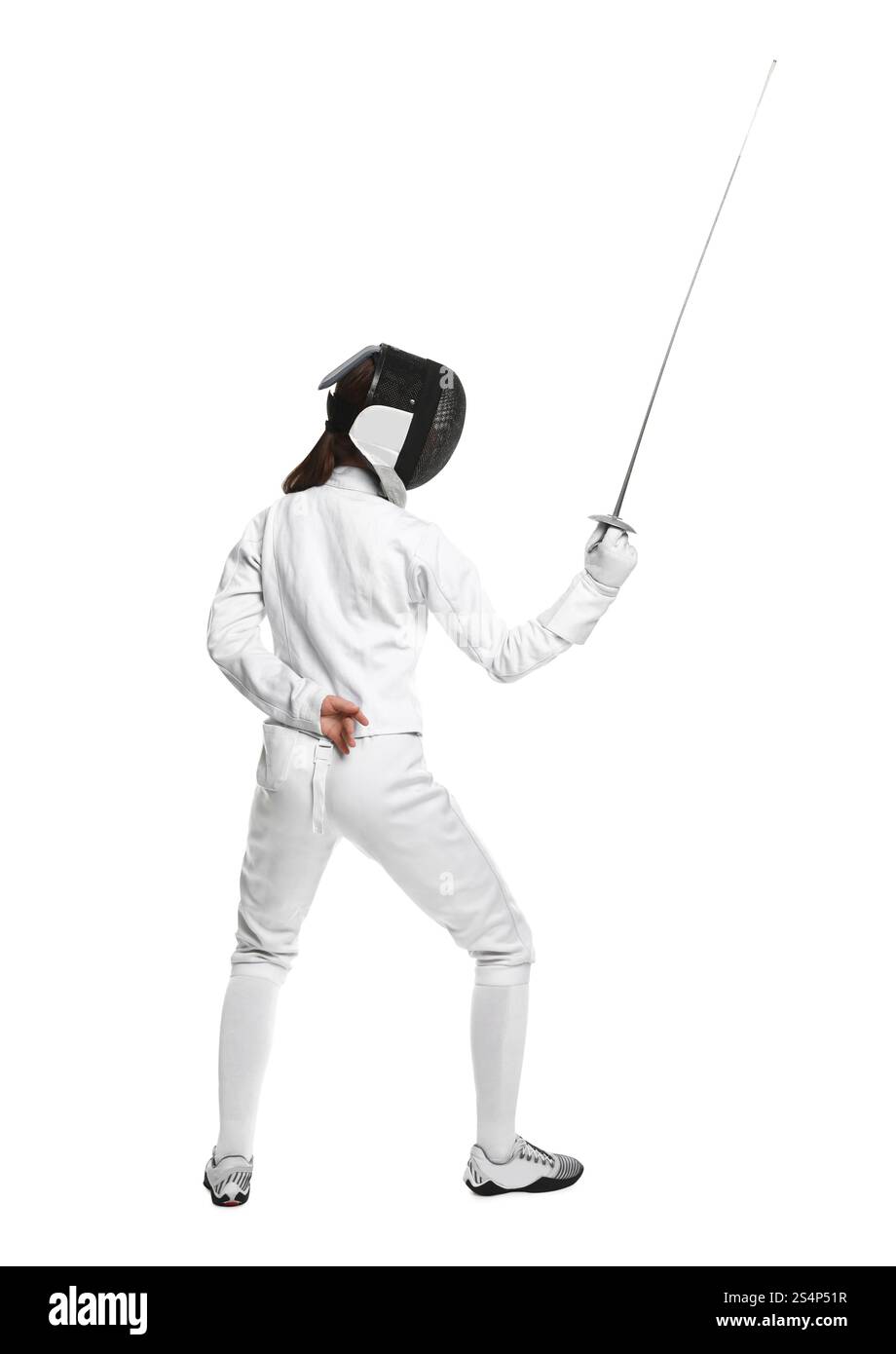Fencer with epee practicing on white background Stock Photo - Alamy