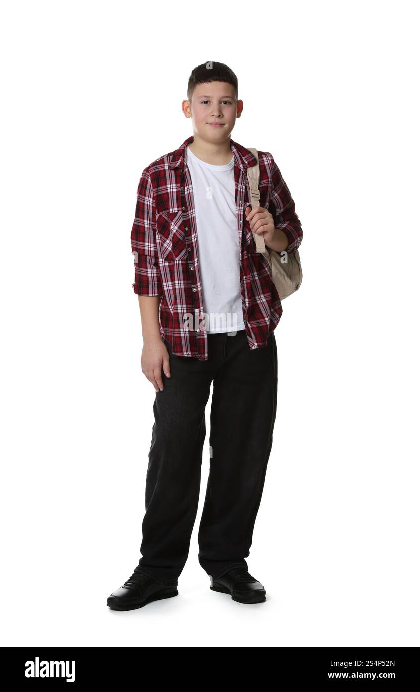 Full length portrait of teenage boy with backpack on white background ...