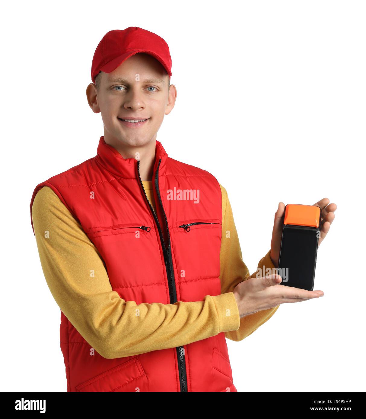 Happy courier with payment terminal on white background Stock Photo - Alamy