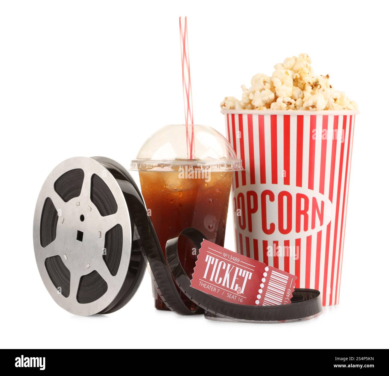 Tasty popcorn, film reel, soda drink and movie ticket isolated on white ...