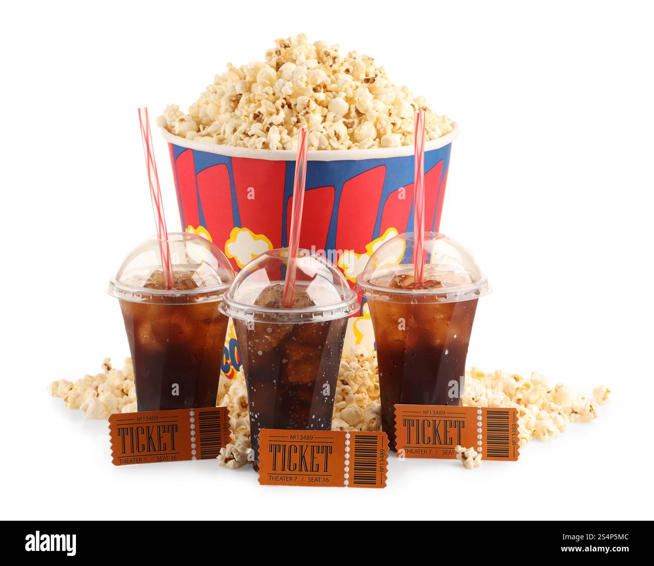 Tasty popcorn, soda drinks and movie tickets isolated on white Stock ...