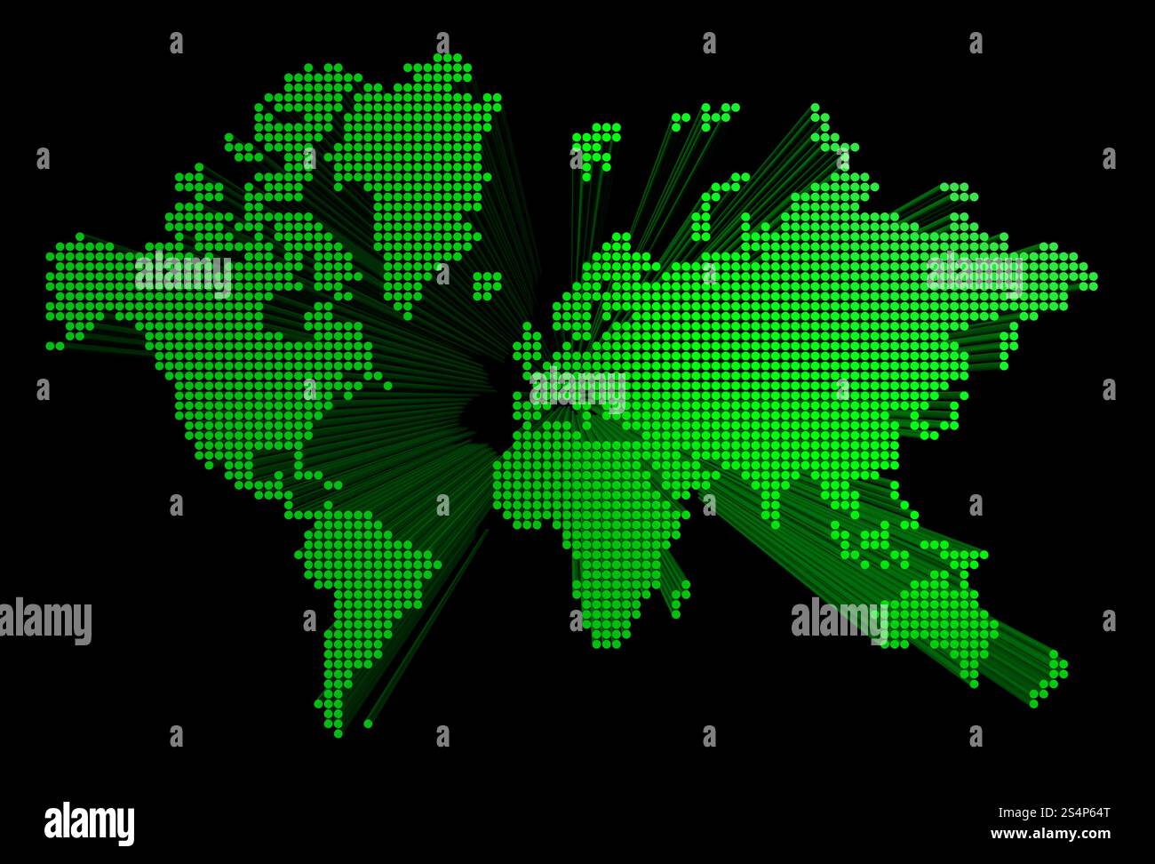 three dimensional green spotted world map isolated on black background ...