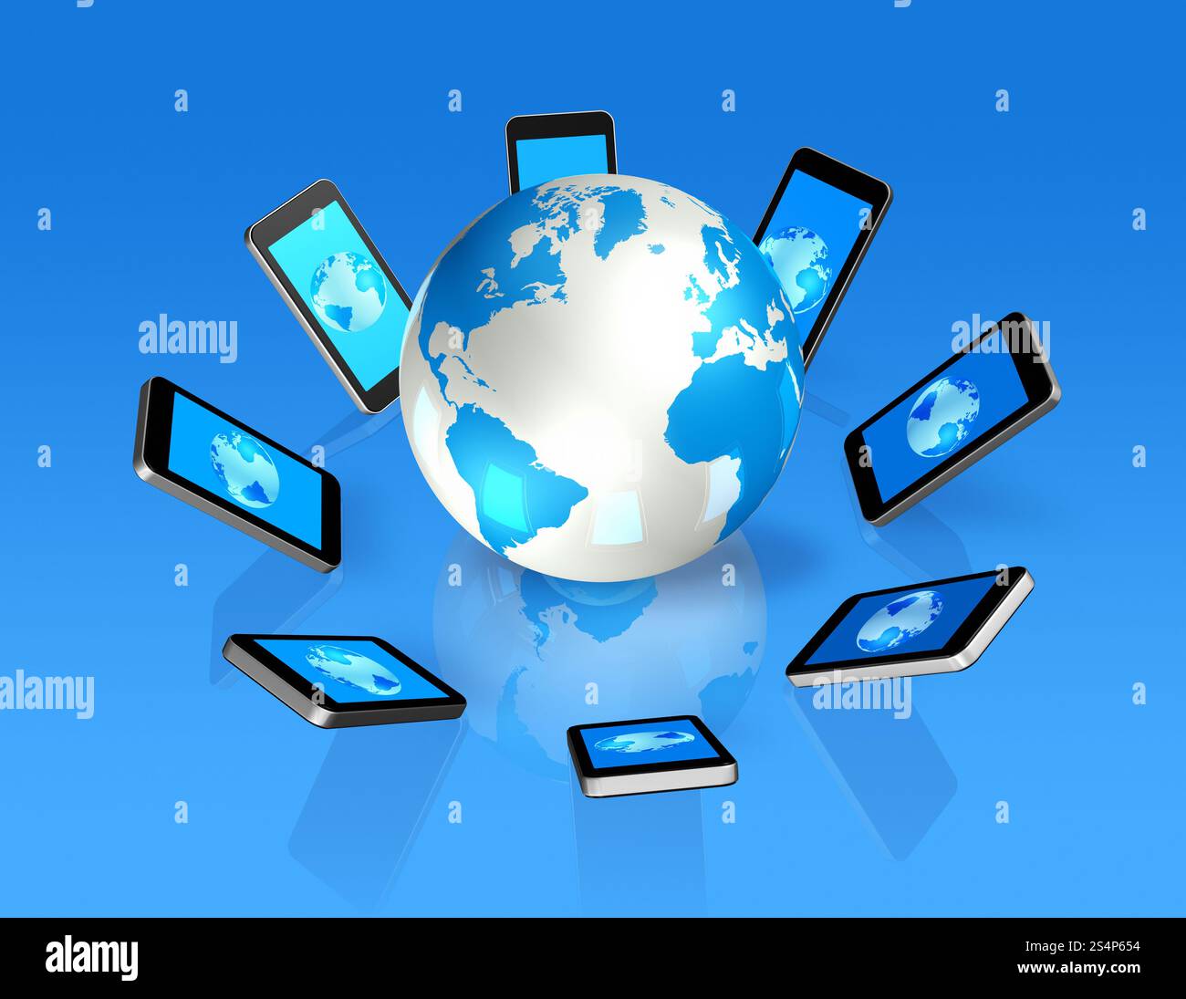 3D isolated mobile phones around a world globe. 3D mobile phones around ...