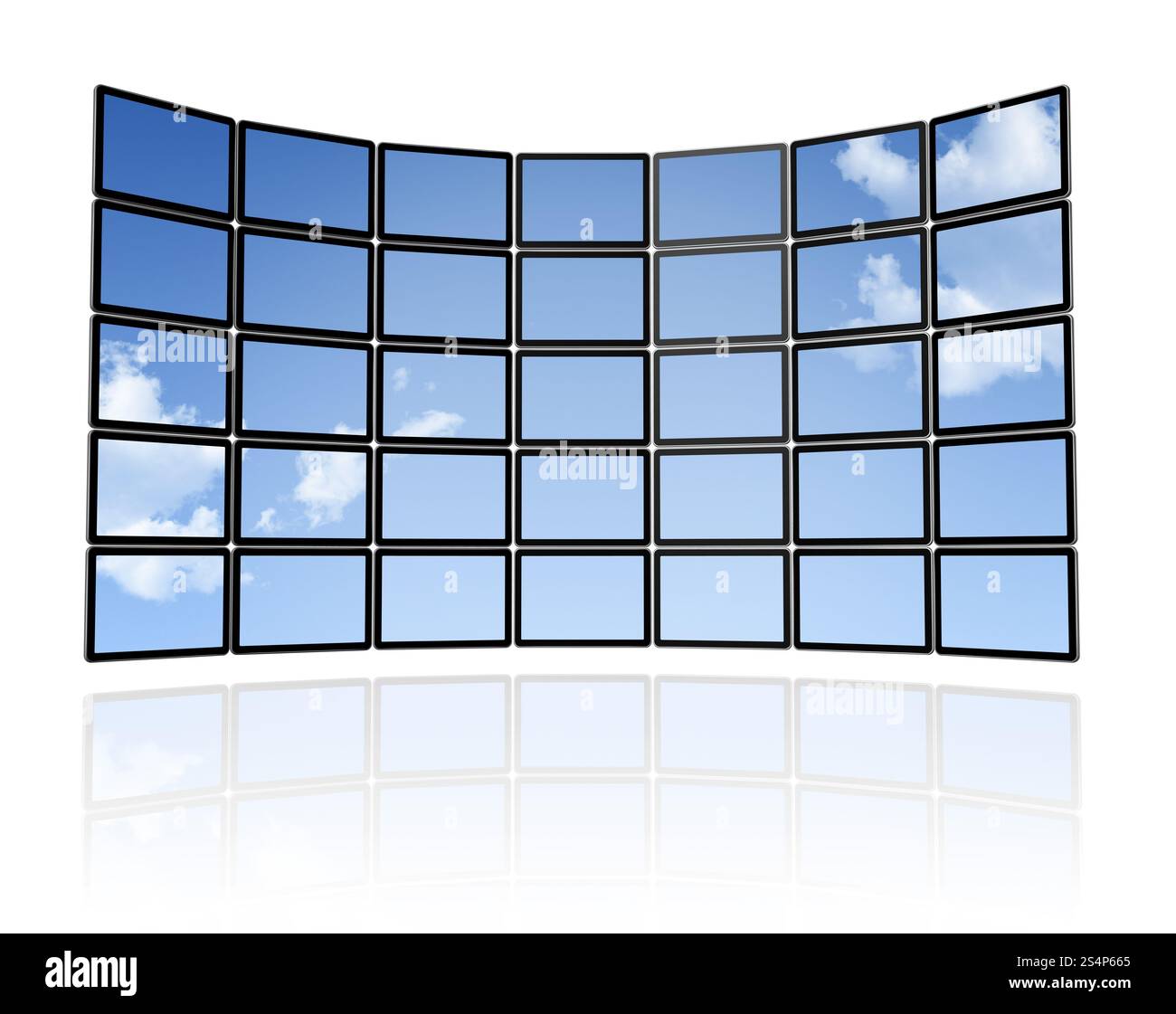 3D sky Wall of flat tv screens, isolated on white. With 2 clipping ...