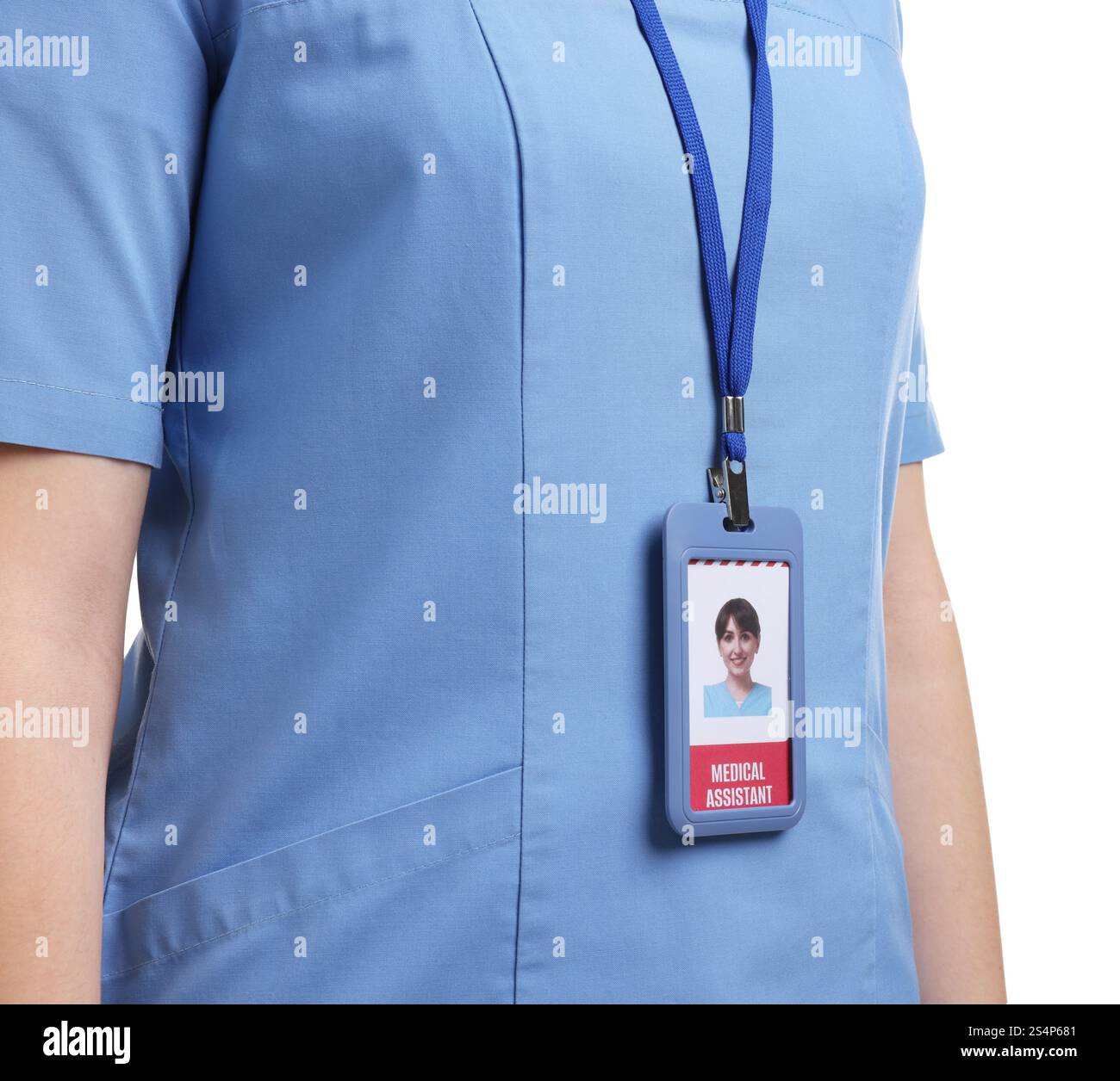 Medical assistant with badge on white background, closeup Stock Photo ...