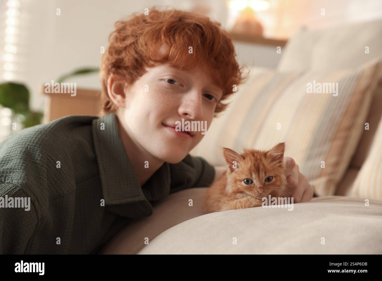 Redhead teenage boy with cute ginger kitten on sofa indoors Stock Photo ...