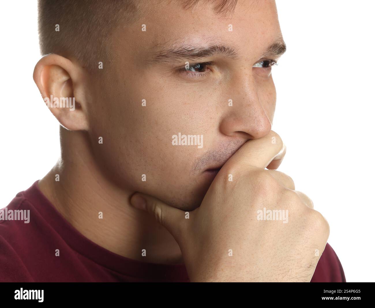 Distressed young man crying on white background Stock Photo - Alamy