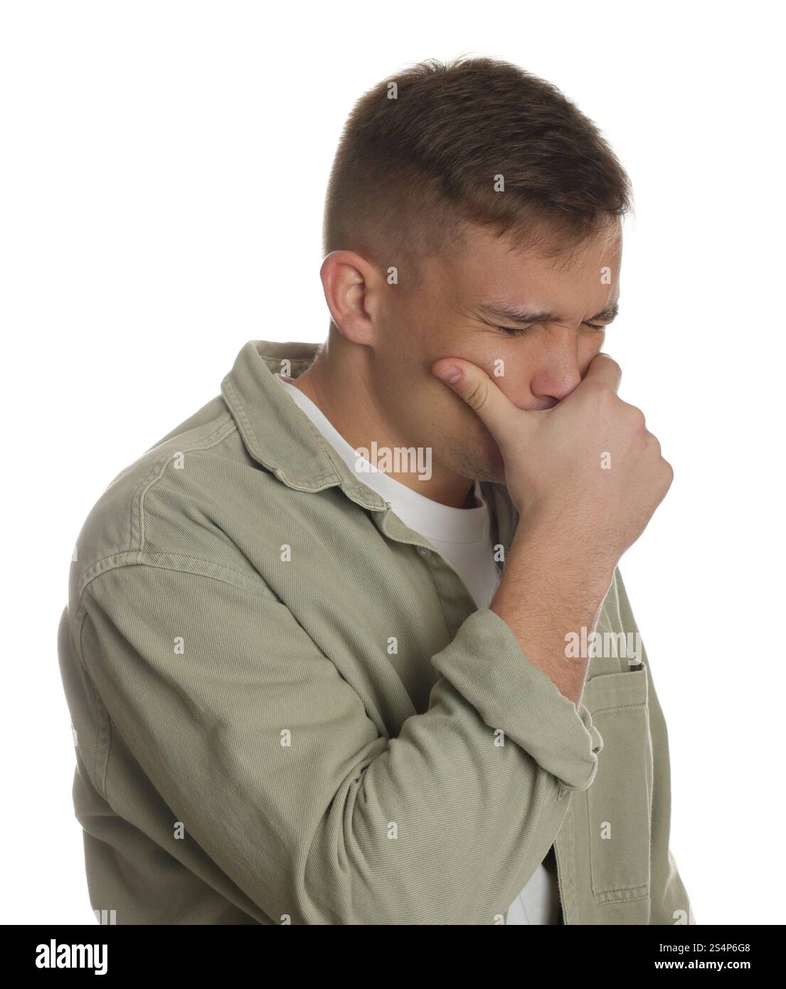 Distressed young man crying on white background Stock Photo - Alamy