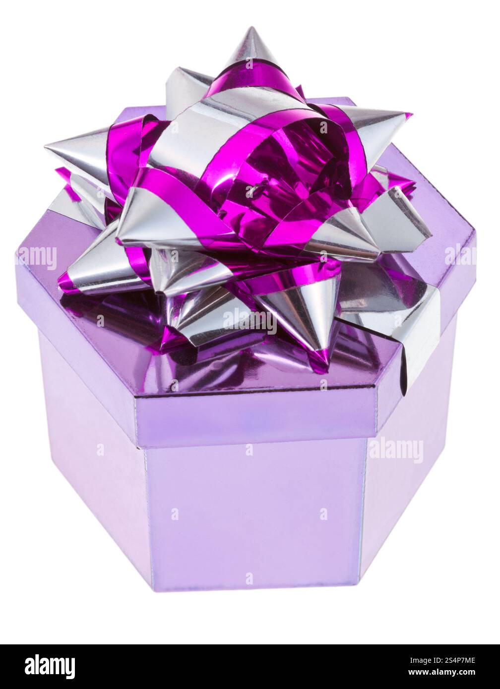 shiny magenta gift box with tinsel knot isolated on white background ...