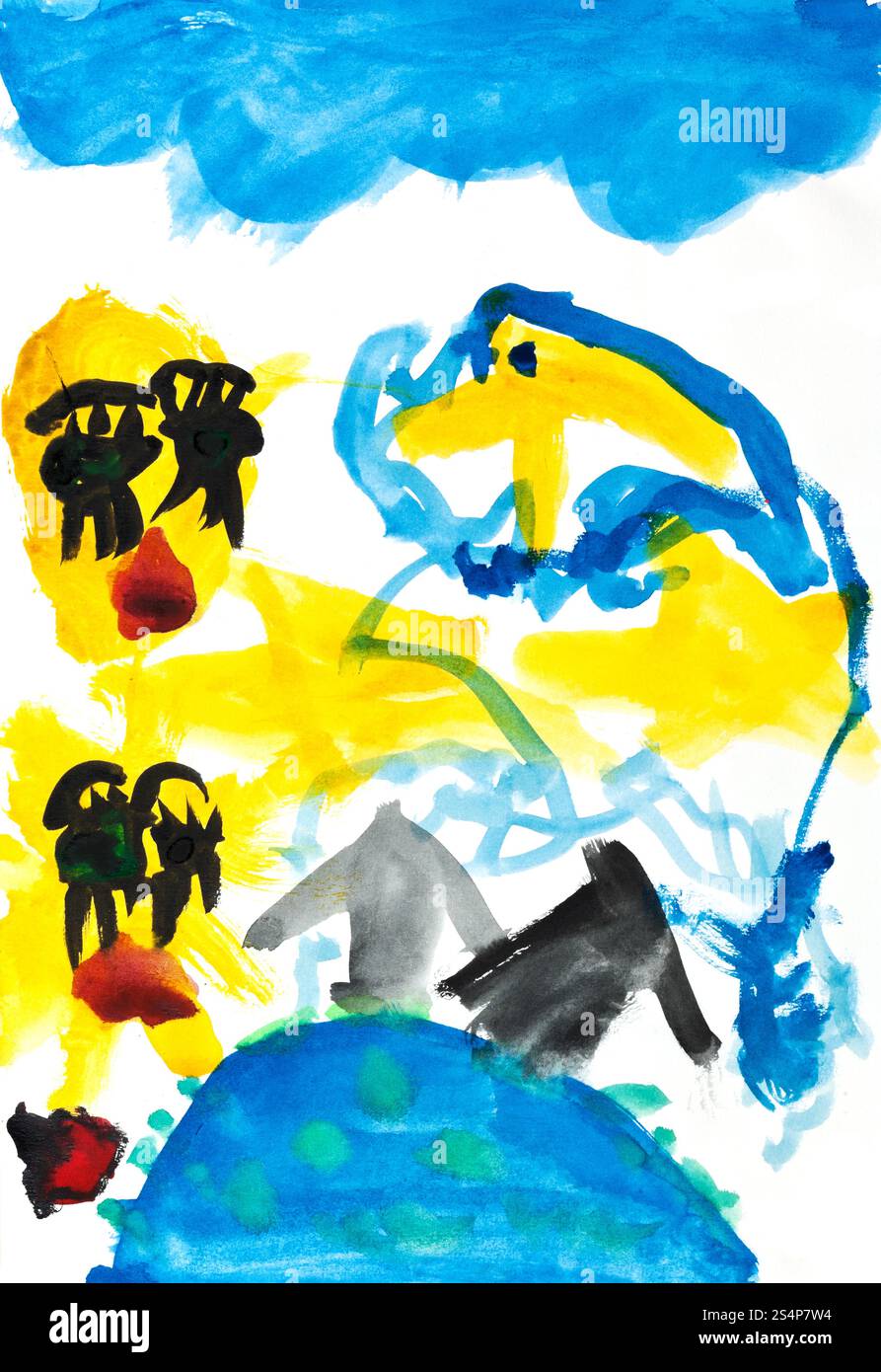 childs painting - two yellow sun under blue planet Stock Photo - Alamy