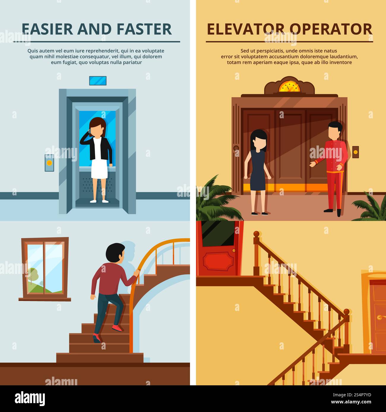 Banners set of different modern stairs and elevators. Hall of motel ...