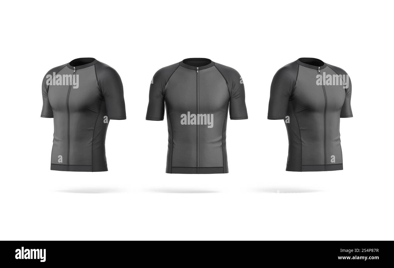 Blank black cycling zip jersey mockup, front and side view, 3d ...